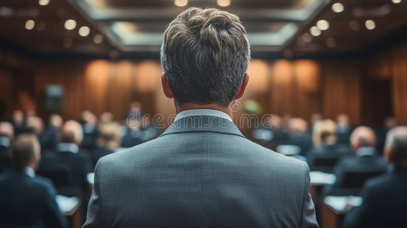 Man in Gray Suit Addressing Large Audience in Conference Hall Stock ...