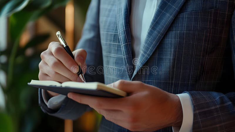 Man in Gray Suit Writing on Black Notepad with Black Pen Surrounded by ...