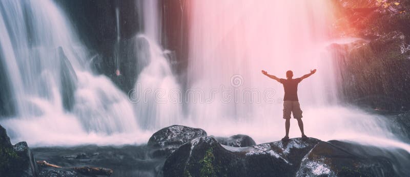 Man on a Great Waterfall. Instagram Stylization Stock Image - Image of ...