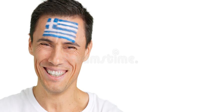 Man with a Greek Flag Painted on the Face Smiling Stock Photo - Image ...