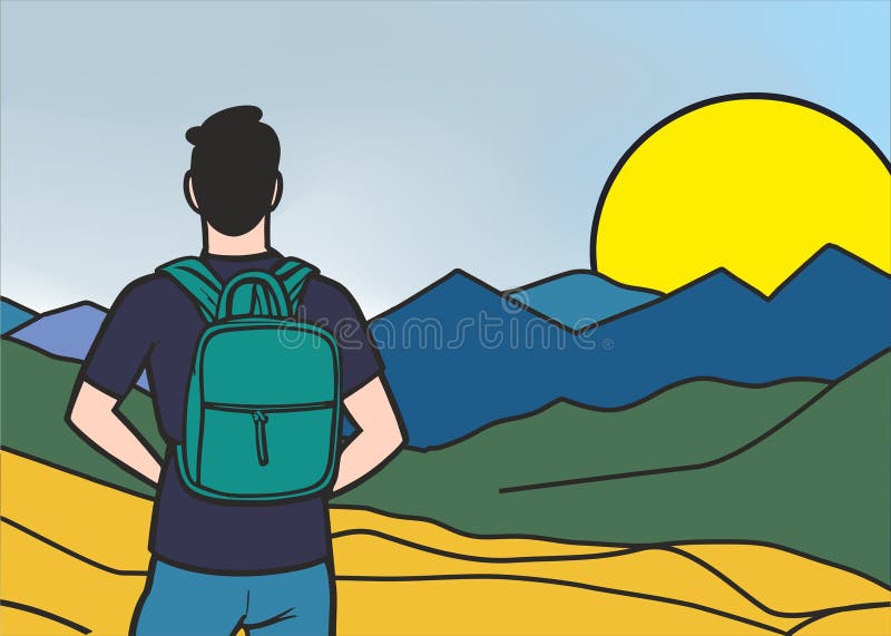 A Man with a Green Backpack on His Back Stands Alone in Front of a ...