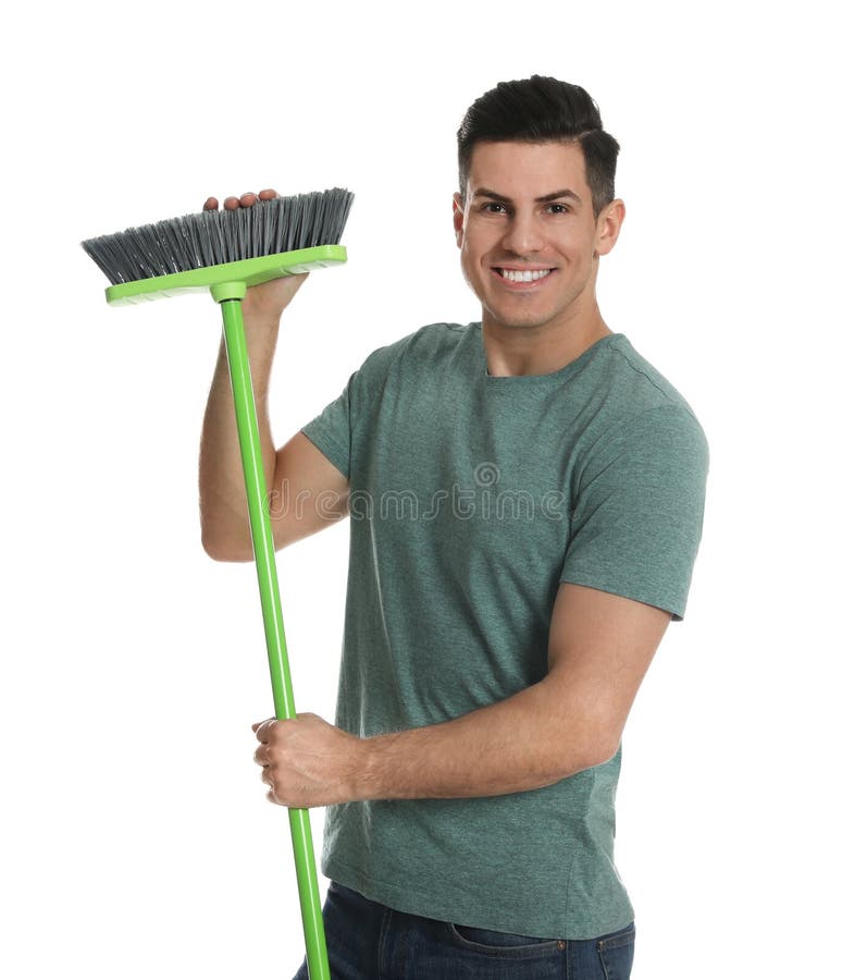 Man with Green Broom on White Background Stock Image - Image of clean ...