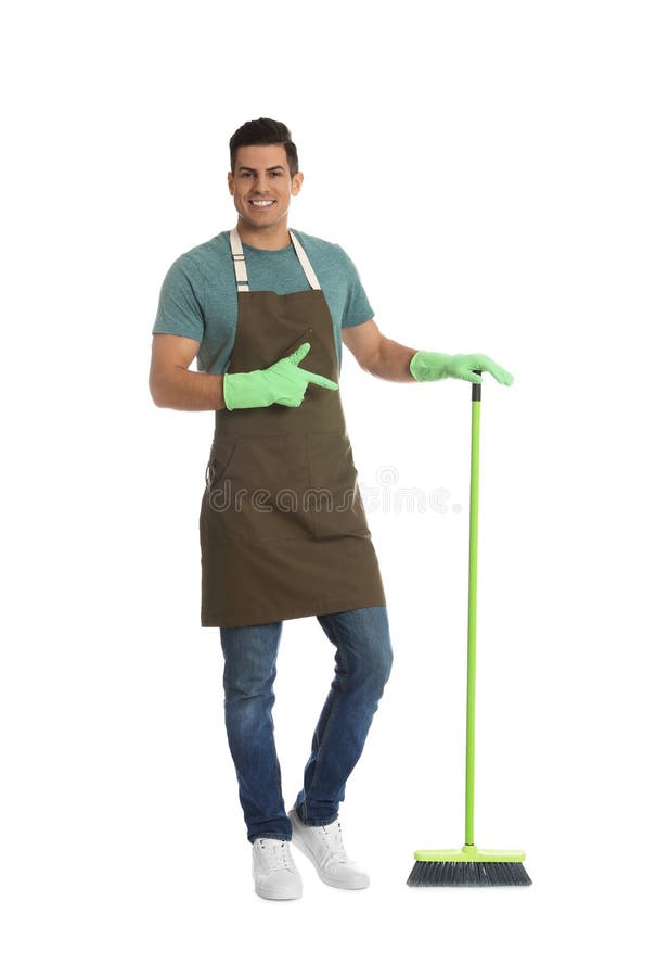 Man with Green Broom on White Background Stock Image - Image of casual ...