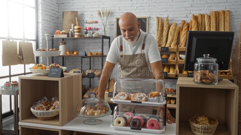 Man with Grey Hair and Beard Standing in Bakery Surrounded by Pastries ...