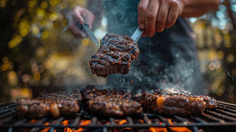 Man Grilling Steaks Outdoors. Generative by AI Stock Illustration ...