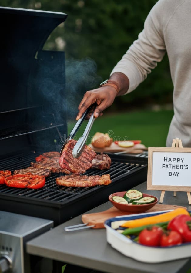 Man Grilling Steaks and Vegetables Outdoors with Father S Day Sign ...