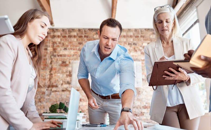 Man, Group and Architect with Documents, Office and Circle for Ideas ...