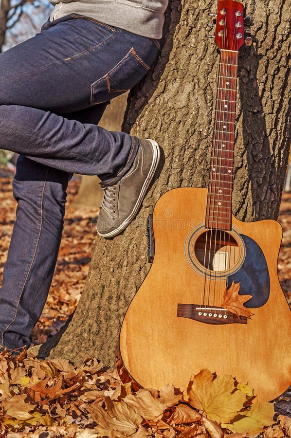 Man and Guitar Leaning on a Tree in Autumn Park Stock Image - Image of ...