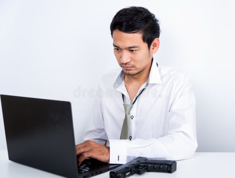 Man and Gun Hacking Laptop Computer Stock Image - Image of cyber, asia ...