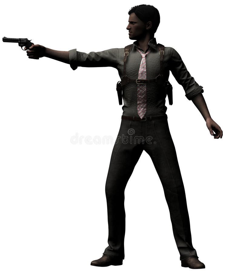 Standing Detective Aiming with Gun 3-D-Illustration White Background ...