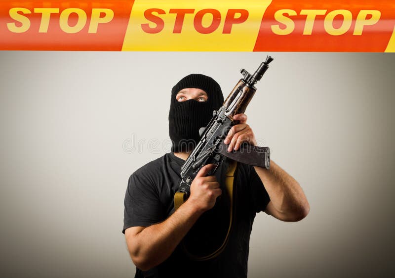 Man with Gun and STOP Line. Stock Photo - Image of boundary, murderer ...