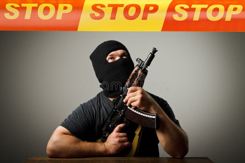 Man with Gun and STOP Line. Stock Photo - Image of killer, danger: 48717520