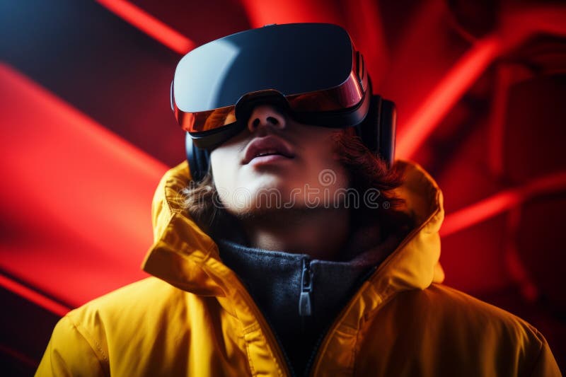 Man Guy Student User Computer Technology Addict Male Wearing VR Headset ...