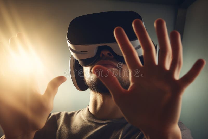 Man Guy Student User Computer Technology Addict Male Wearing VR Headset ...