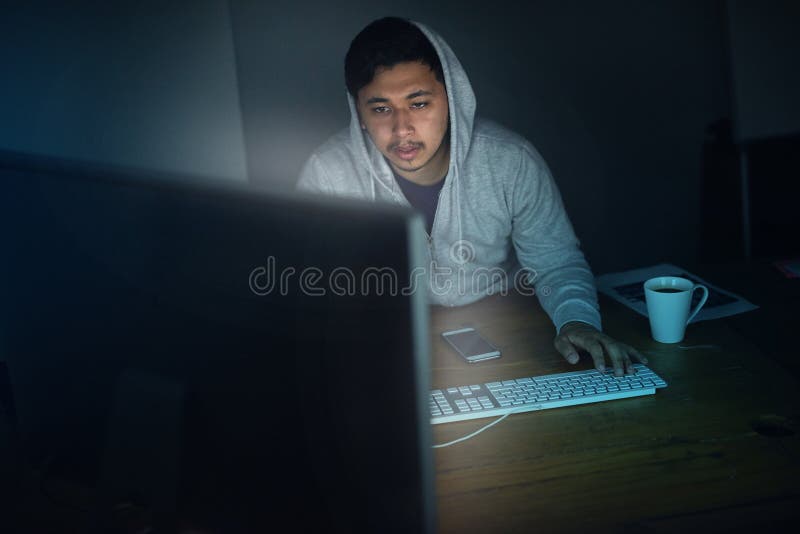 Man Hacker And Tired With Computer In Night For Programming Software