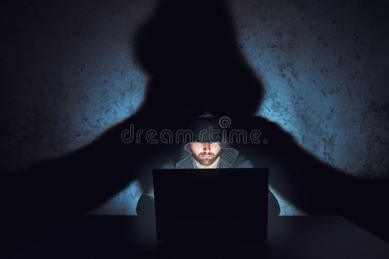 Man Hacker Works in Dark Empty Room Stock Image - Image of hacking ...