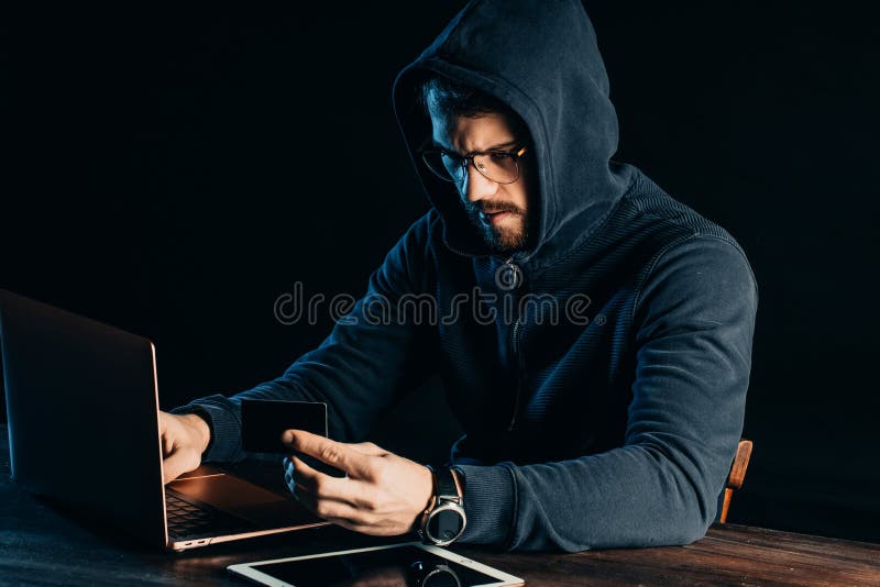 Man Hacking Bank Card Using Computer System Stock Image - Image of ...