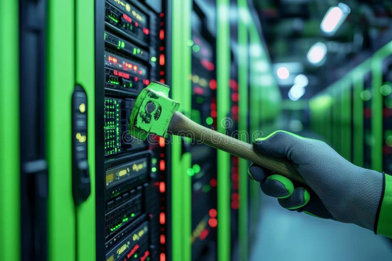 A Man with a Hammer at a Data Storage Server, Shown in Close-up Stock ...