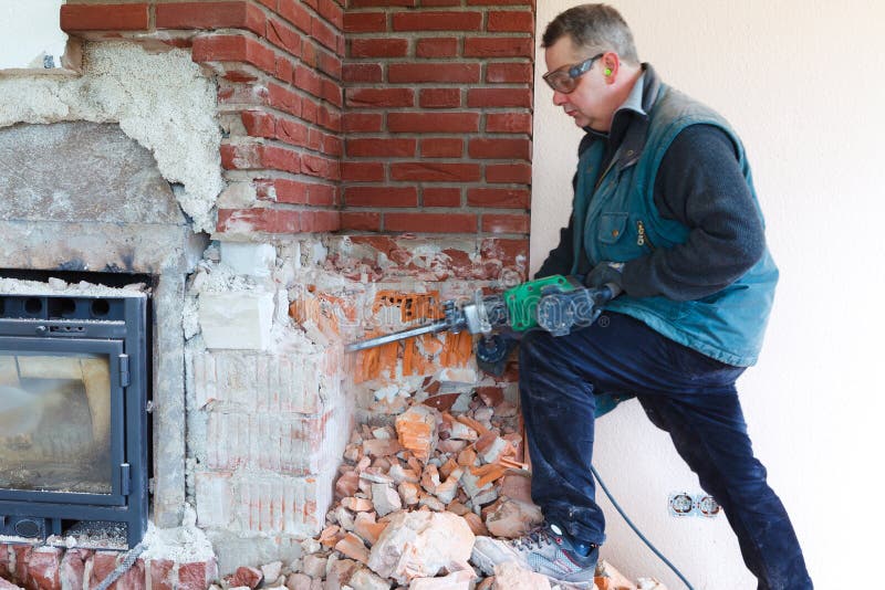 Worker with Demolition Hammer Breaking Interior Wall Stock Image ...