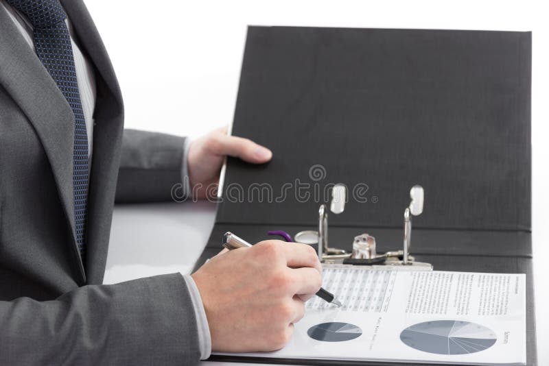 Man Hand with Pen and Business Report on Table Stock Photo - Image of ...