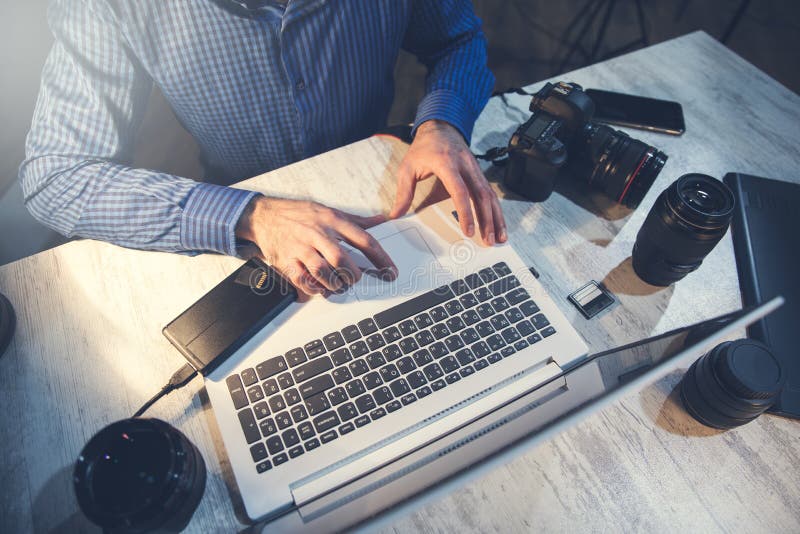 Man Hand Camera and Lenses with Computer Stock Image - Image of device ...