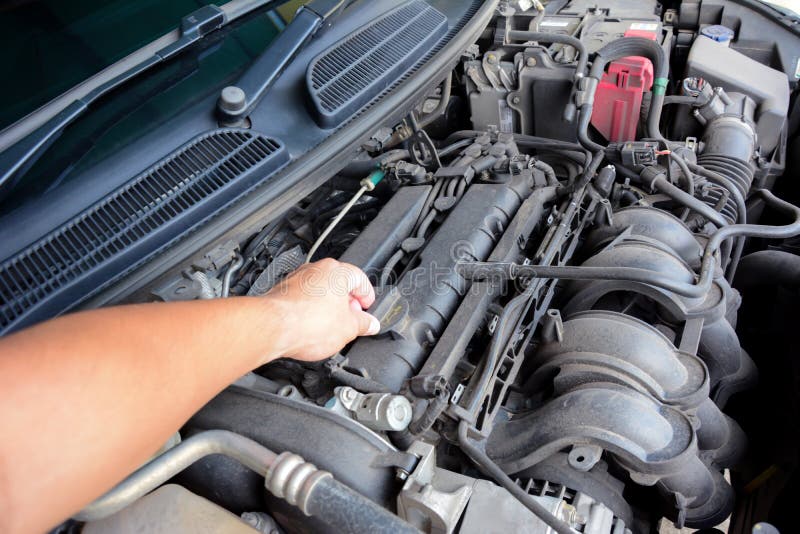A Man Hand Checking Car Engine Stock Image - Image of check, repair ...