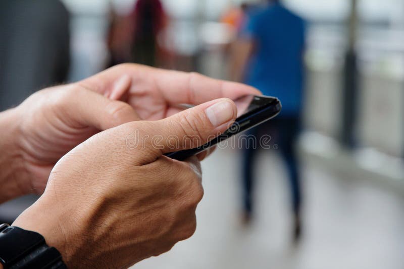 Man Hand Checking His Phone Stock Photo - Image of media, touch: 33789058