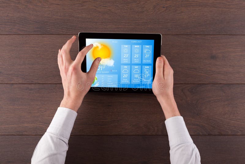 Hand Checking Weather on Tablet Stock Image - Image of forecast ...