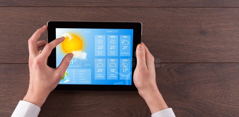 Hand Checking Weather on Tablet Stock Image - Image of fahrenheit ...