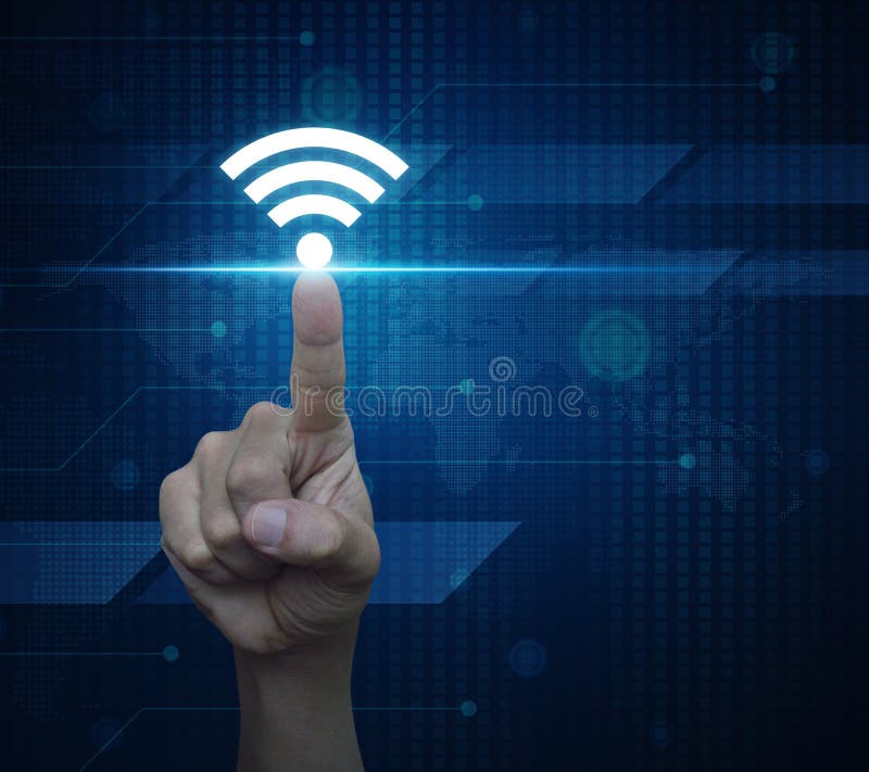Man Hand Click Wi-fi Button Over Digital World Map Technology St Stock ...