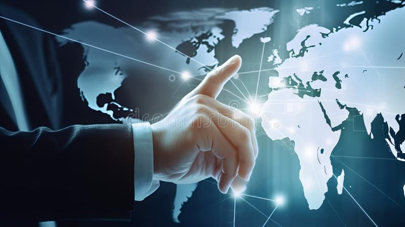 Man Hand Clicks on Abstract Graphic Digital World Map with Connections ...