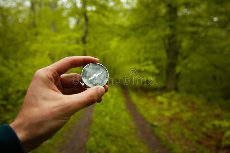 Man hand compass in forest stock image. Image of exploration - 212682245
