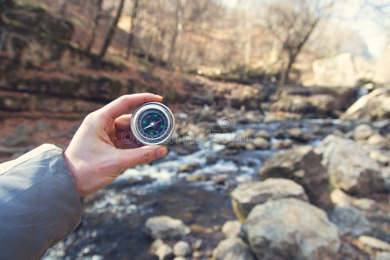 Man Hand Compass with Forest Stock Image - Image of grass, hand: 244468345