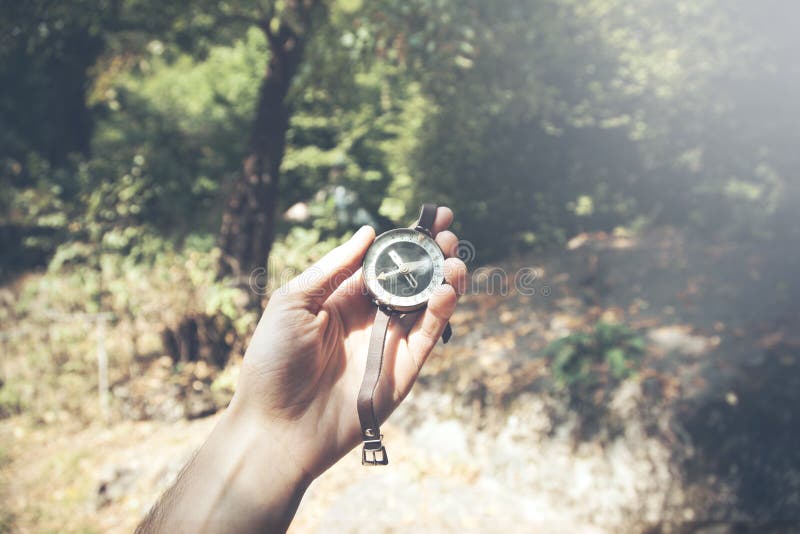 Man hand compass in forest stock photo. Image of compass - 176776172