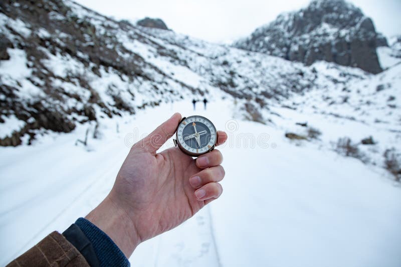 Man Hand Compass in Winter Nature Stock Image - Image of forest ...