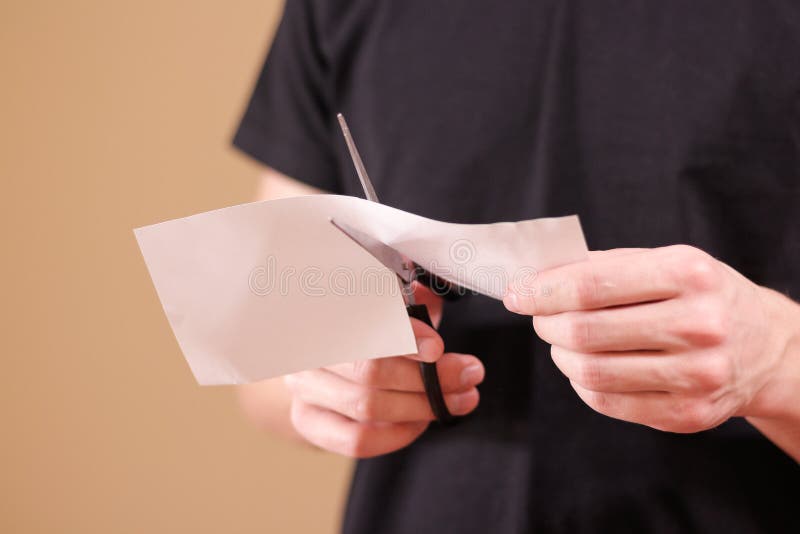 Man Hand Cut White Paper with Scissors. Stock Image - Image of torn ...