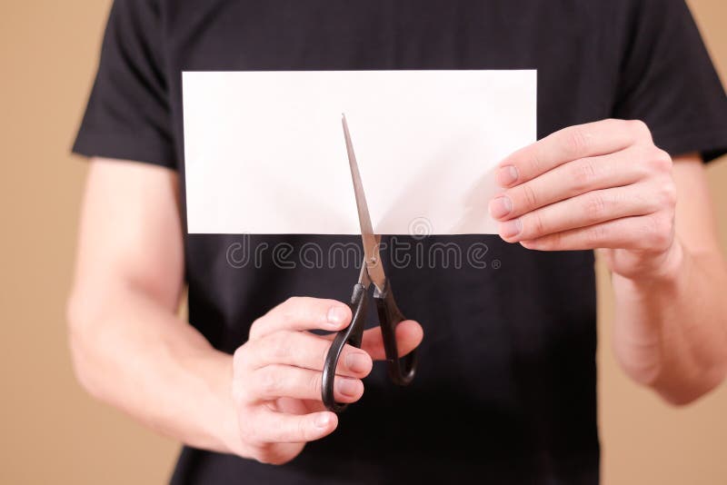 Man Hand Cut White Paper with Scissors. Stock Photo - Image of blank ...