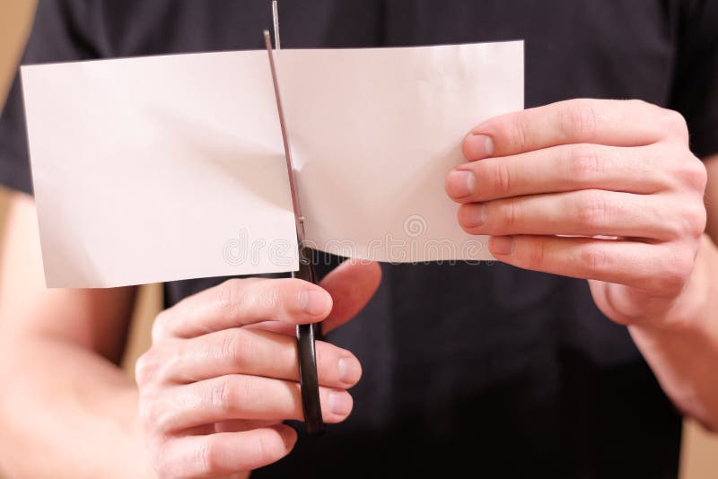 Man Hand Cut White Paper with Scissors. Stock Image - Image of blank ...