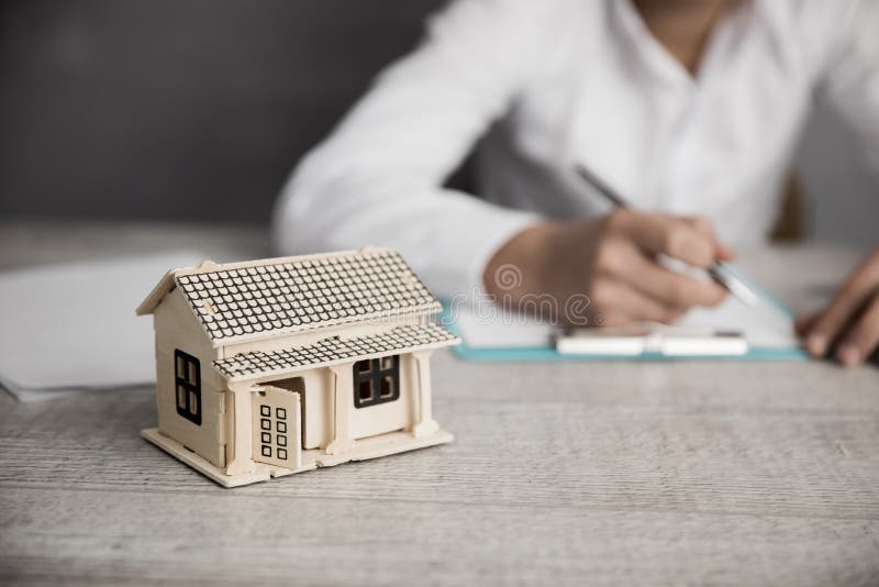 Man Hand Document with House Model Stock Image - Image of wooden ...