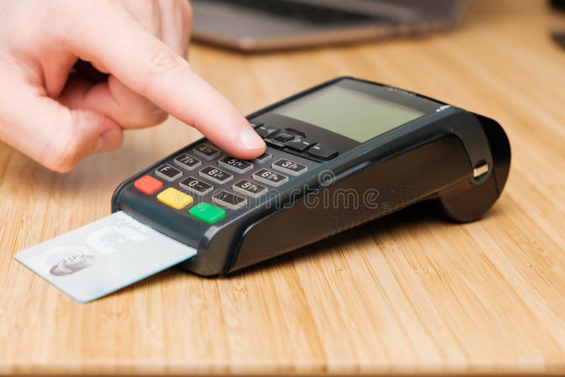 Man Hand Enters Pin Code on the Terminal for Payment. Stock Photo ...