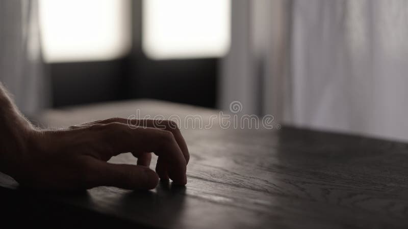 Man Hand Finger Tapping on Black Oak Table with Copy Space Stock Image ...