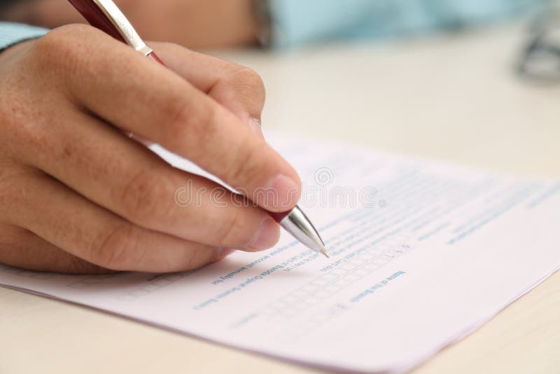 Man Hand on the Form with Pen Stock Photo - Image of filling, mark ...