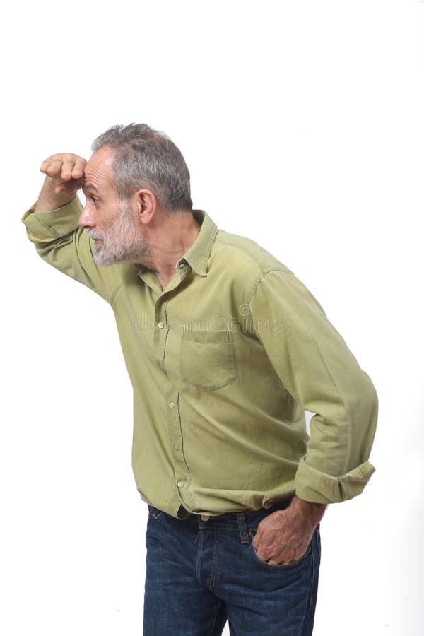 Man with Hand in Front Looking Away on White Background Stock Image ...