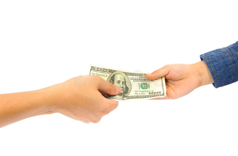 Man Hand Giving American Dollar Bank Note To Kid Hand Stock Photo ...