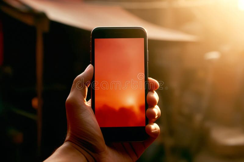 Man Hand Holding Black Smartphone with Orange Screen on Sunset ...