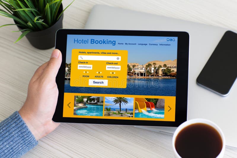 Computer Tablet with App Hotel Booking and Touch Phone Table Stock ...