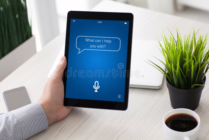 Man Hand Holding Computer Tablet with App Personal Assistant Screen ...