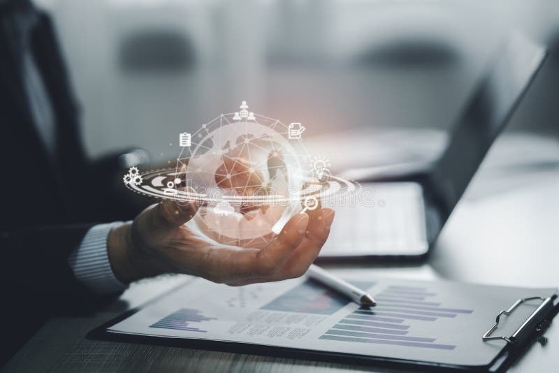 Man Hand Holding Global Earth Internet Connection Icon Virtual Screen ...