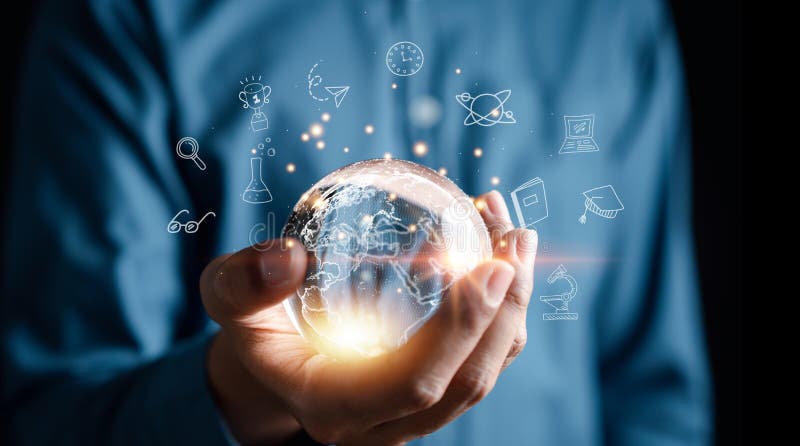 Man Hand Holding Global Earth with Learning Educate and Graduation ...