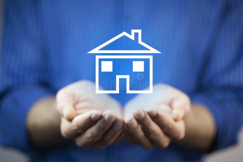 Man Hand Holding House Model in Screen Stock Image - Image of real ...